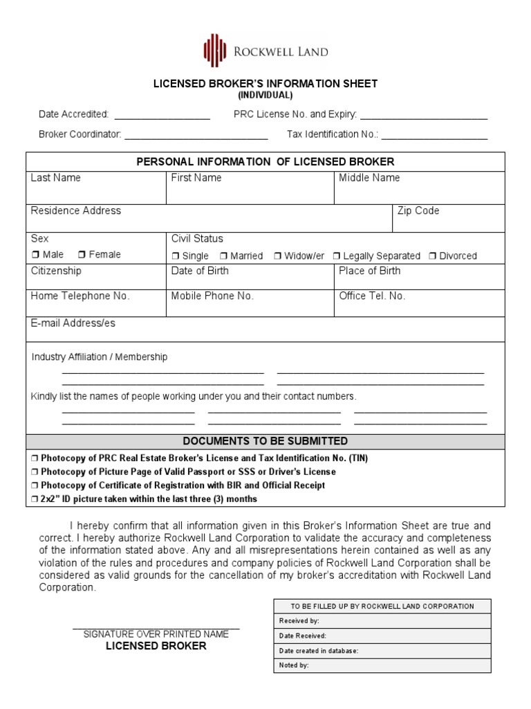Licensed Broker Information Sheet | PDF | Identity Document ...