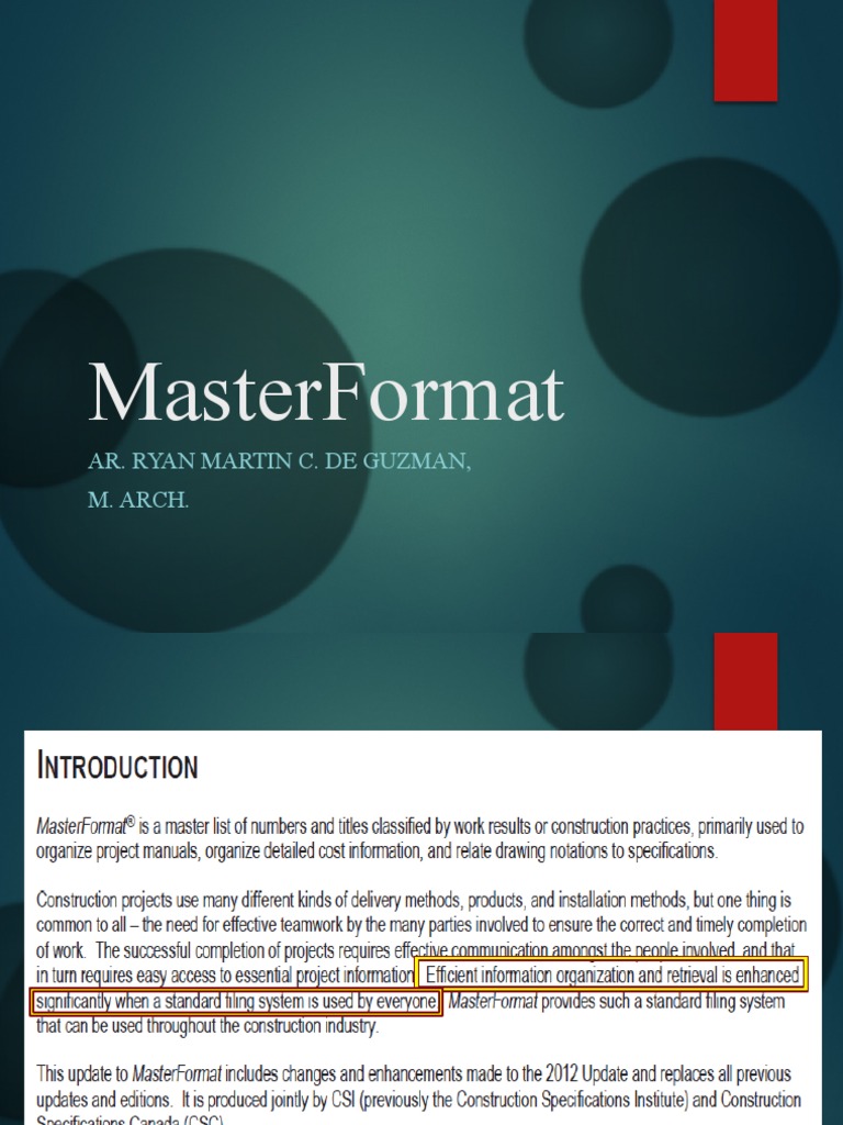 Masterformat: Ar. Ryan Martin C. de Guzman, M. Arch | PDF | Art