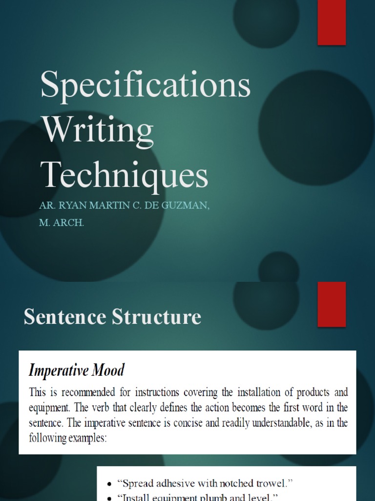 Specifications Writing Techniques: Ar. Ryan Martin C. de Guzman, M ...