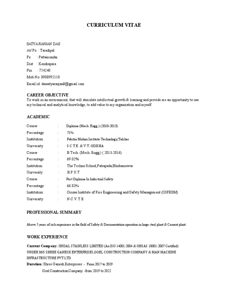 Cv Of Satya Ranjan Das Update Resume 1 Pdf Steel Mill Secondary Sector Of The Economy