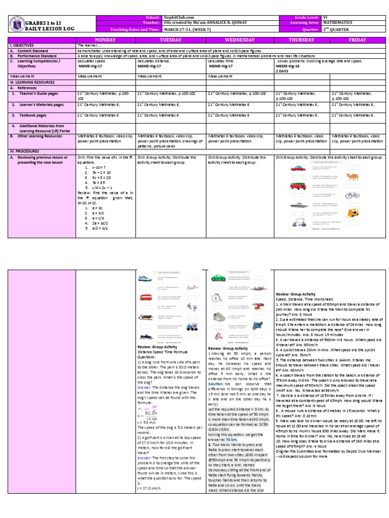 DLL G6 Q3 Week 7 | PDF | Speed | Time