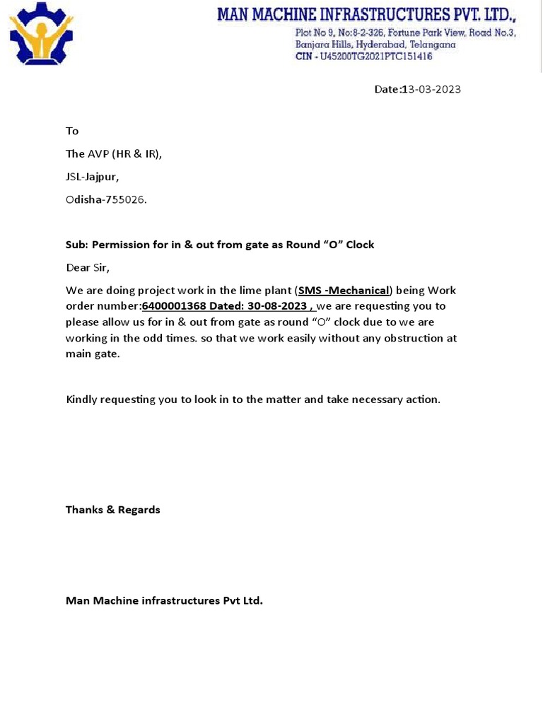 Gate pass request for night work | PDF