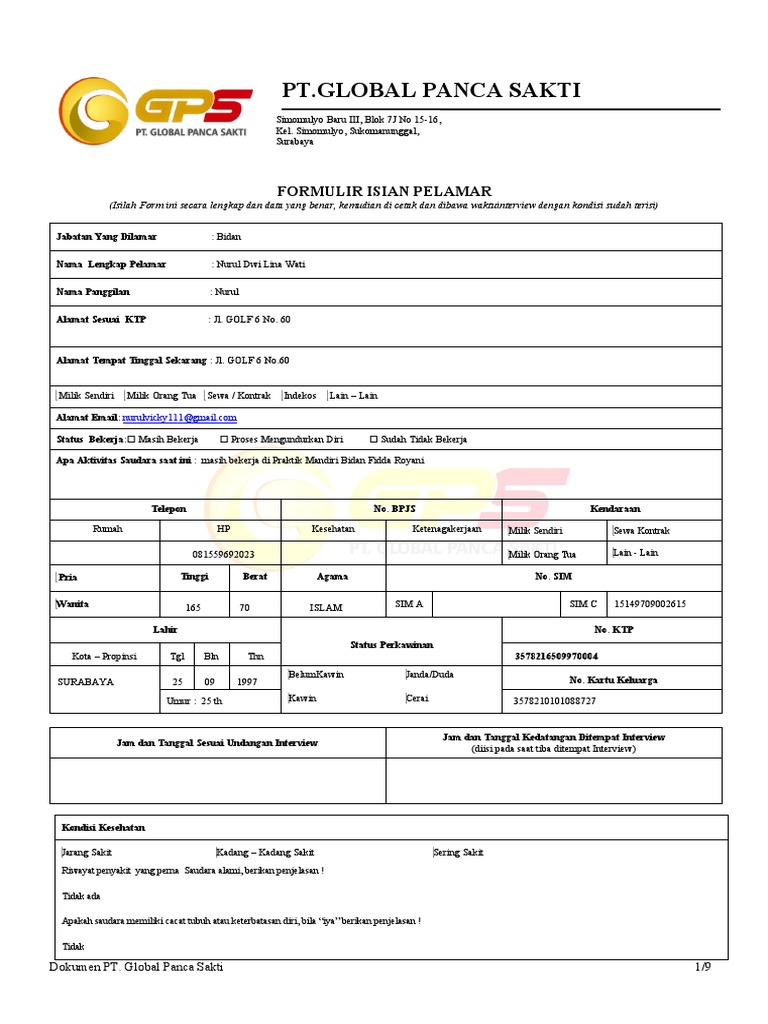 Form Isian Pelamar PT. GPS | PDF