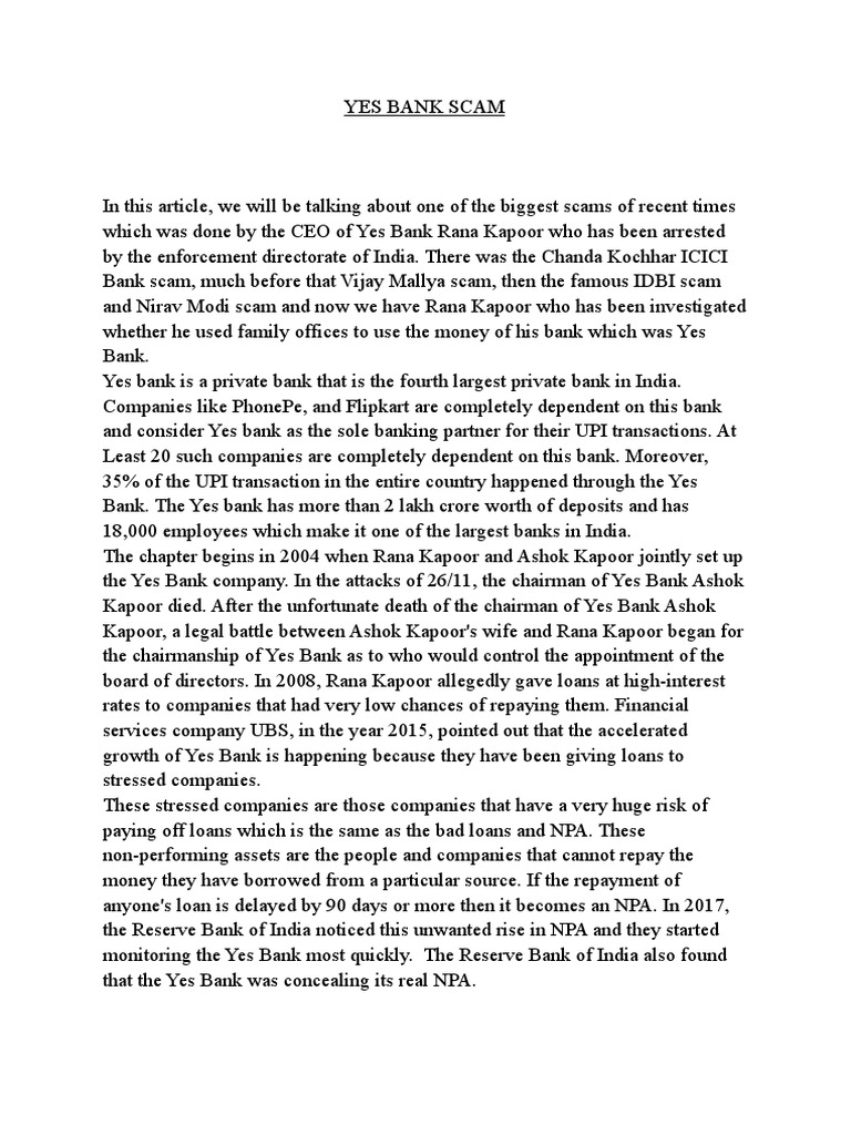 Yes Bank Scam | Download Free PDF | Reserve Bank Of India | Banks