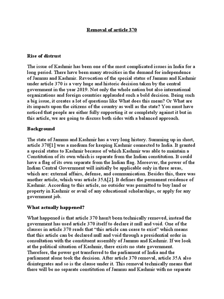 The Removal of Article 370 and its Impact on Jammu and Kashmir: A ...
