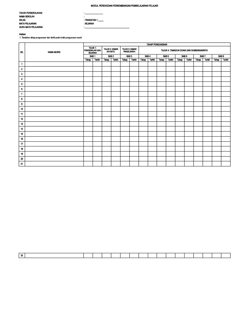 Borang Perekodan PBD Ting.1 Sejarah | PDF