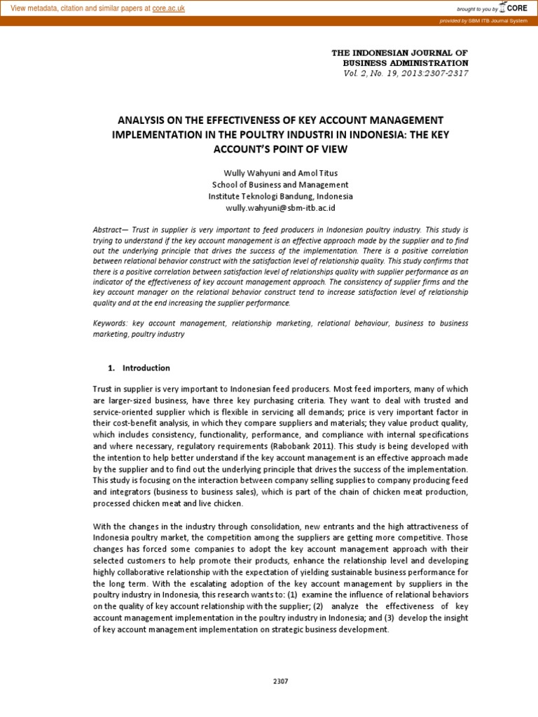 Analysis On The Effectiveness of Key Account Management Implementation in The Poultry Industri ...