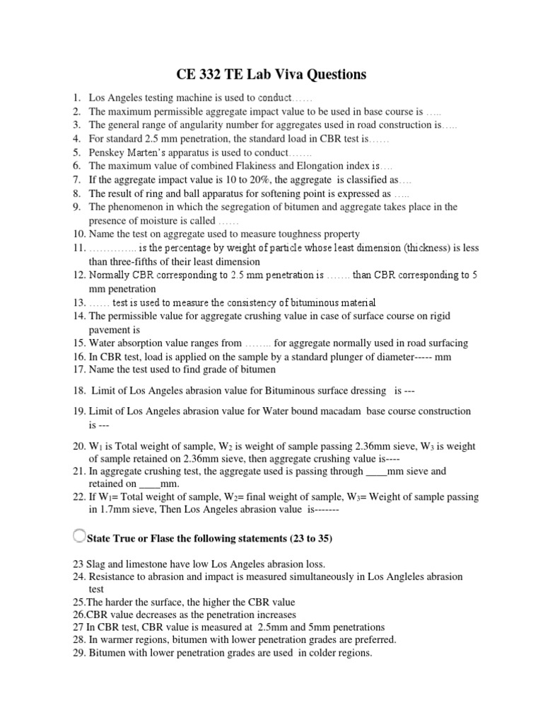 CE 332 TE Lab Questions-Rev | PDF | Asphalt | Road Surface