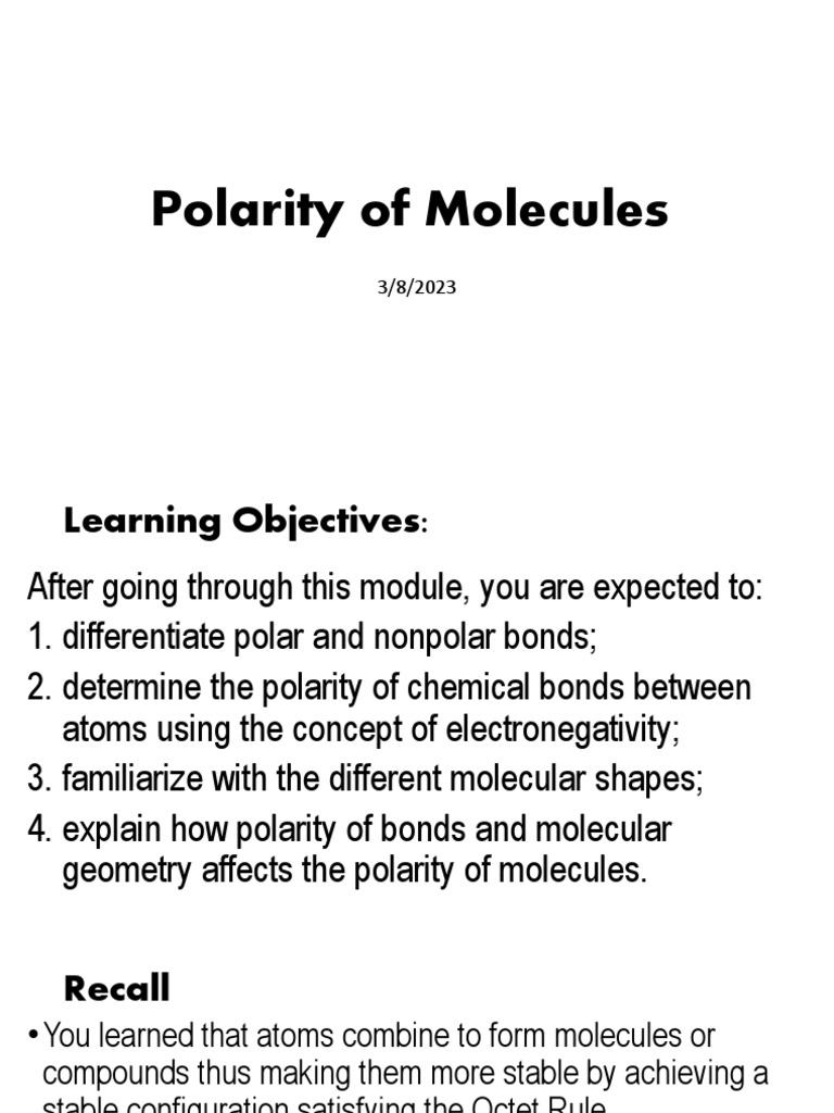 Polarity of Molecules | PDF | Chemical Polarity | Chemical Bond