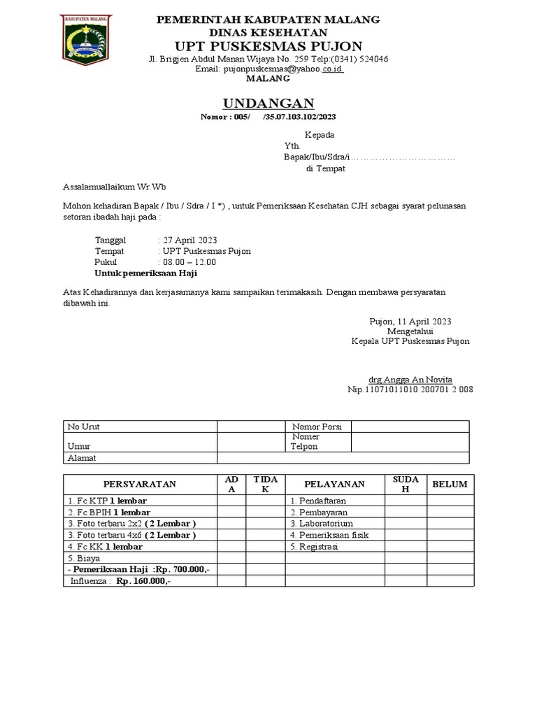 Upt Puskesmas Pujon: Pemerintah Kabupaten Malang Dinas Kesehatan | PDF