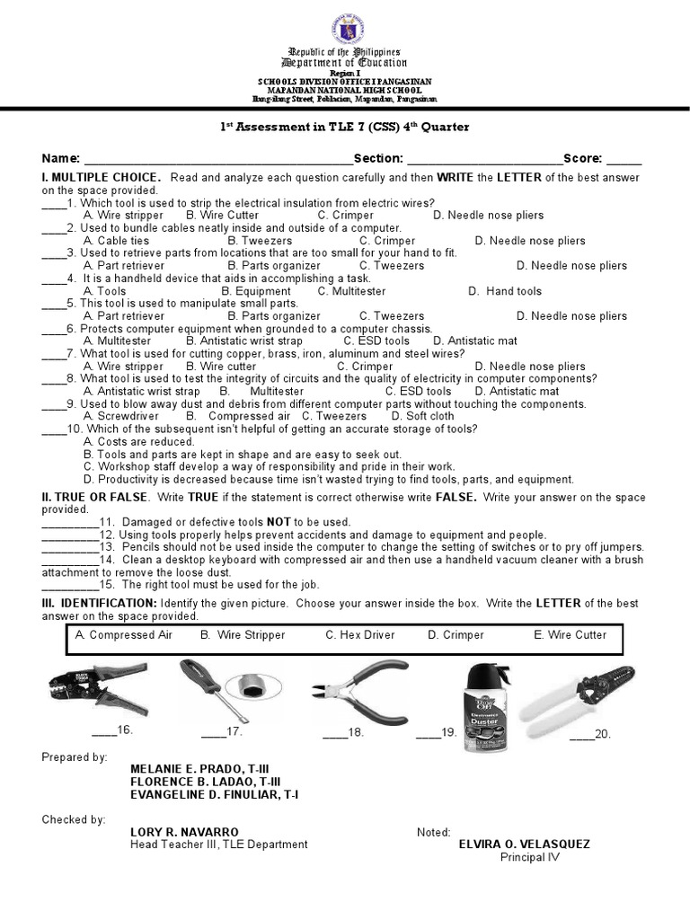 CSS 7 Assessment | PDF | Equipment | Electricity