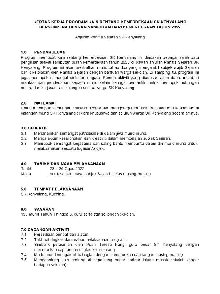 Kertas Kerja Program Kain Rentang Kemerdekaan SK Kenyalang 2022 | PDF