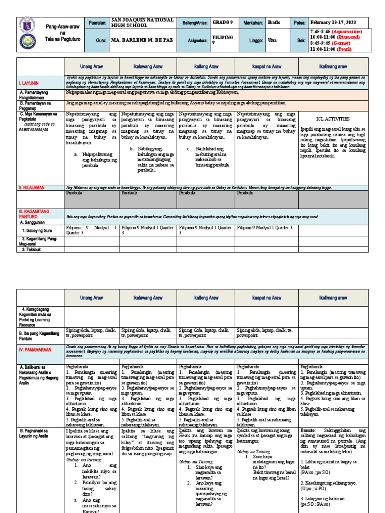 Daily Lesson Log Filipino 9 Parabula | PDF