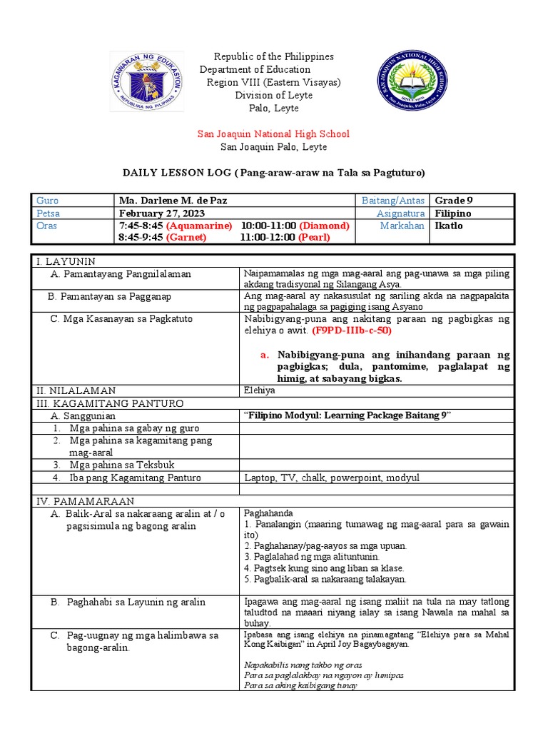 Daily Lesson Plan Filipino 9 Elehiya Pagbibigay Puna | PDF