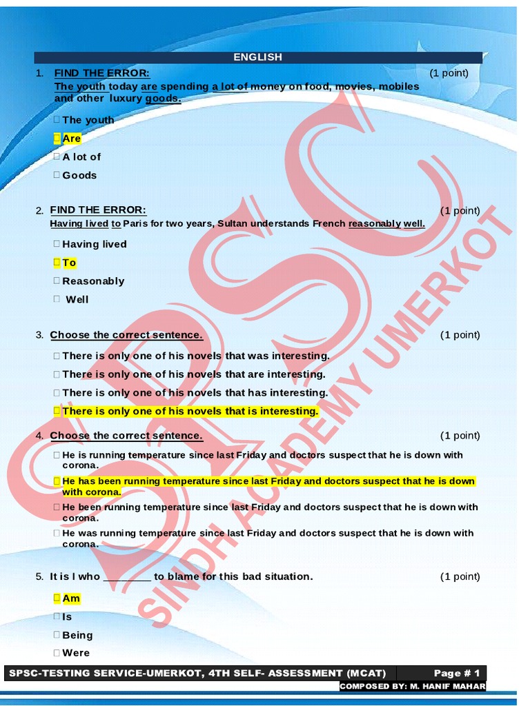 SPSC-TESTING SERVICE-UMERKOT, 4TH SELF- ASSESSMENT (MCAT) | PDF