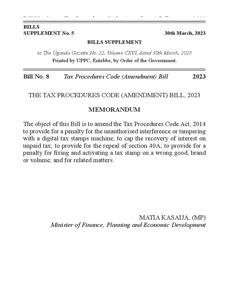 Tax Procedures Code (Amendment) Bill, 2023 | PDF | Taxes | Fine (Penalty)