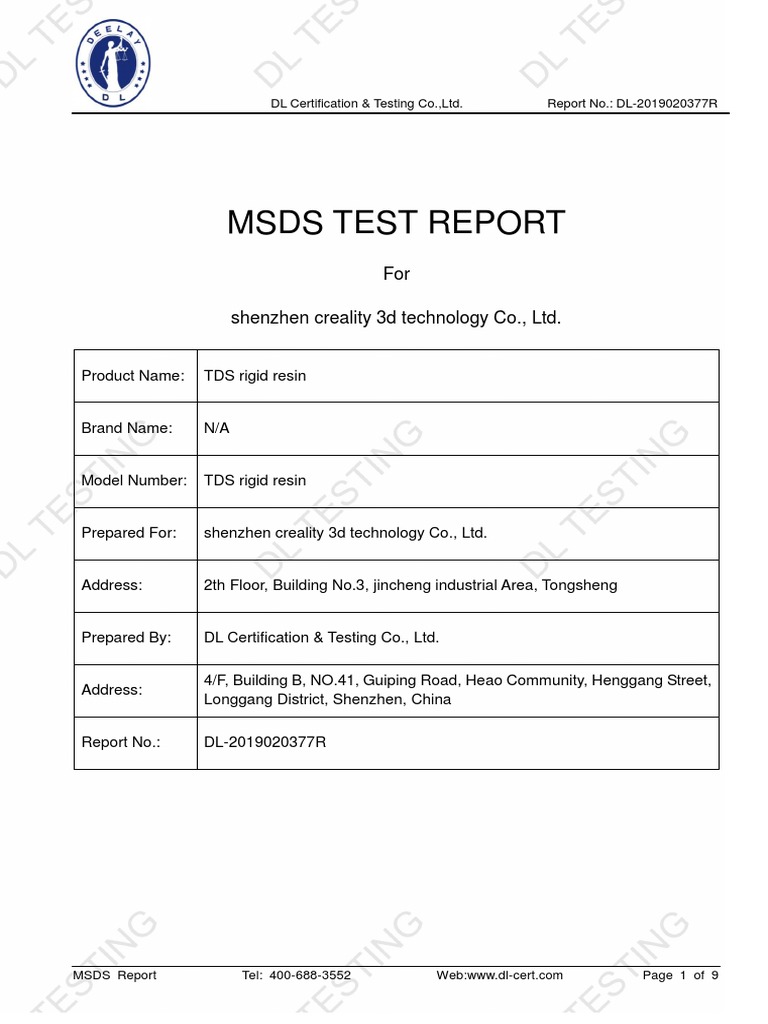 Msds Test Report: For Shenzhen Creality 3d Technology Co., LTD | PDF ...