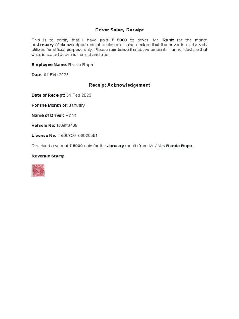 Driver Salary Receipt | PDF | Finance & Money Management
