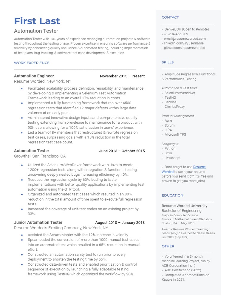 10+ Years of Experience as an Automation Tester with a Proven Track ...