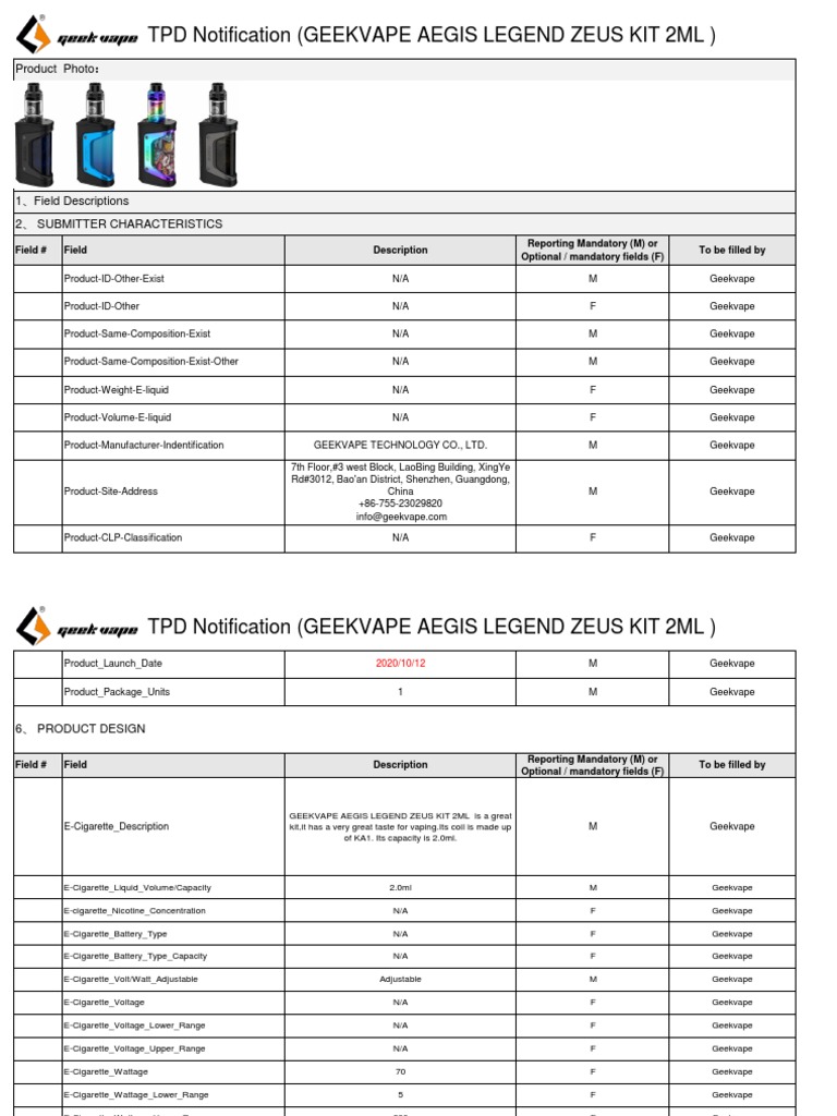 TPD Notification - Production Design Information-GEEKVAPE GEEKVAPE AEGIS LEGEND ZEUS KIT 2ML ...