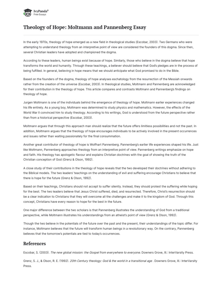Theology of Hope - Moltmann and Pannenberg - 540 Words - Essay Example ...
