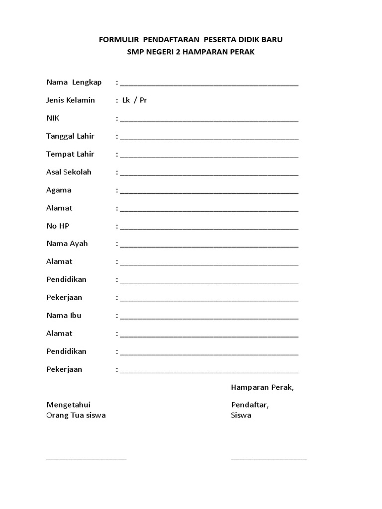 Formulir Pendaftaran Peserta Didik Baru SMP Negeri 2 Hamparan Perak | PDF
