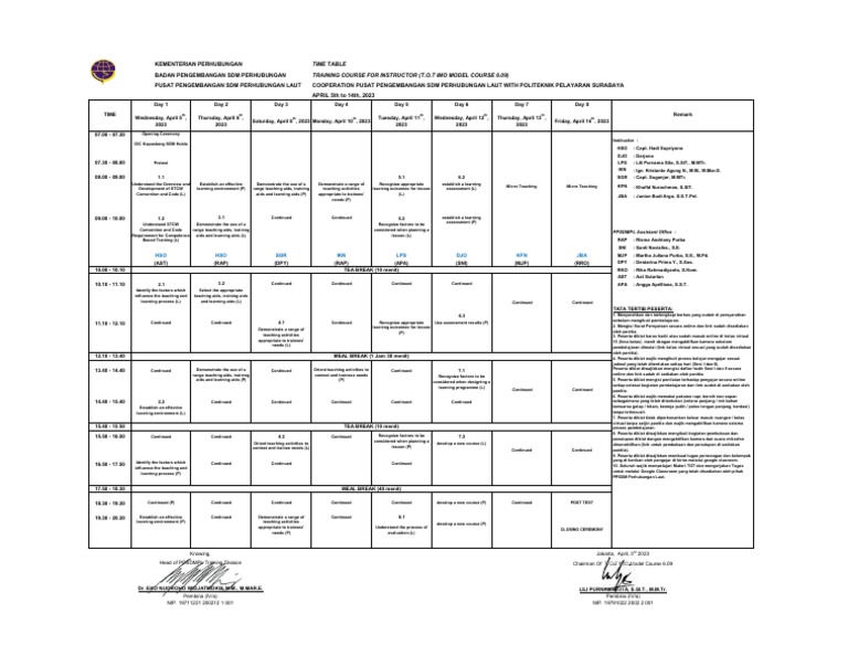 Time Table Training Course For Instructor (T.O.T Imo Model Course 6.09) | PDF | Learning ...