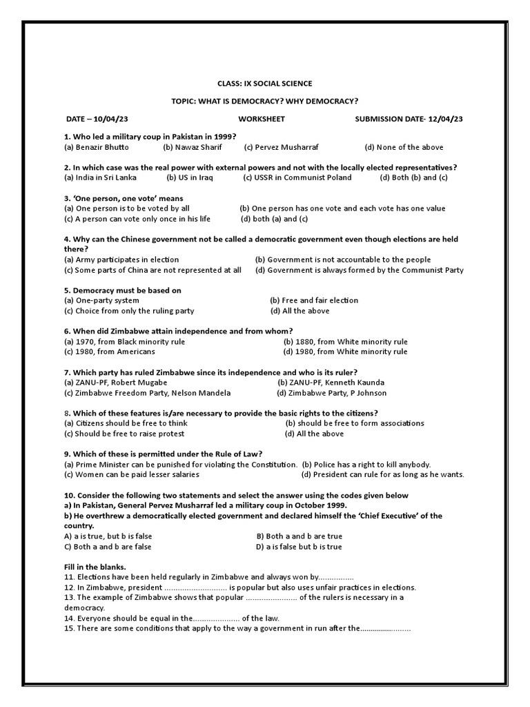 Ix CH-1 Civics Worksheet | PDF | Governance | Government