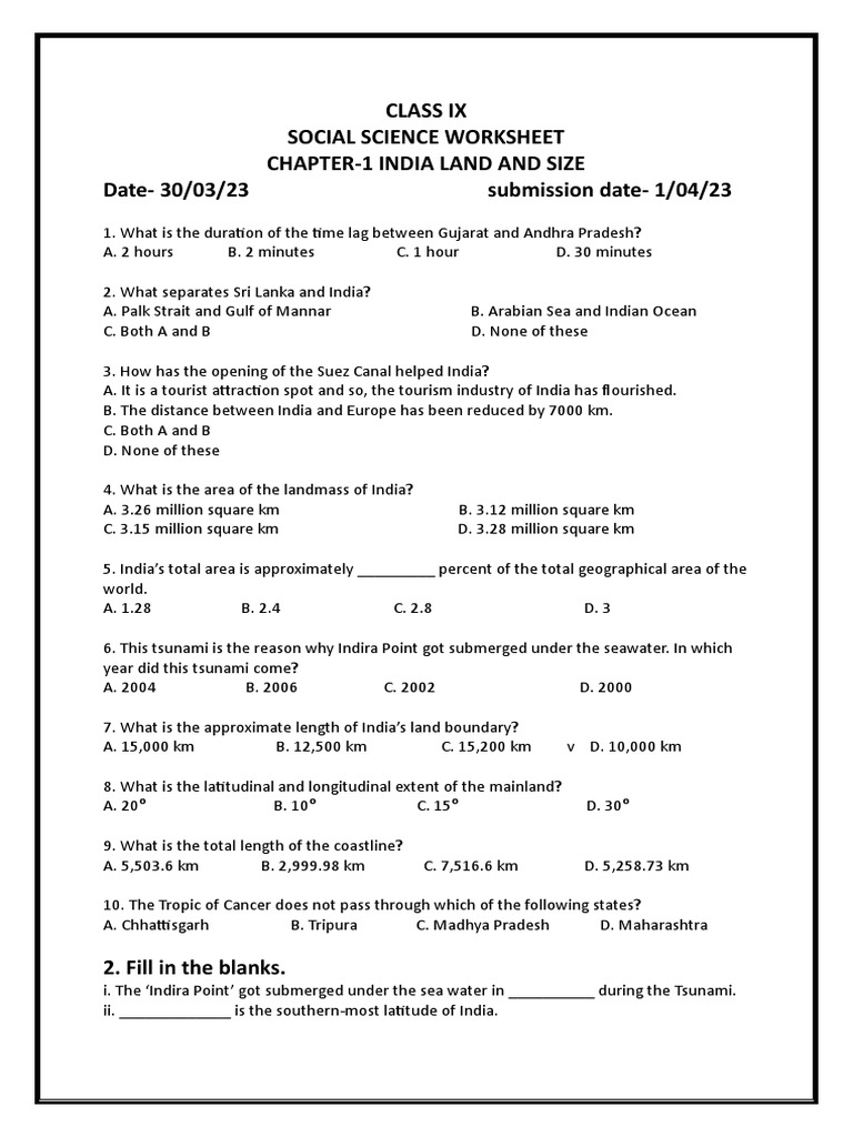 Class Ix India Land and Size Worksheet | PDF | Indian Ocean | Physical ...