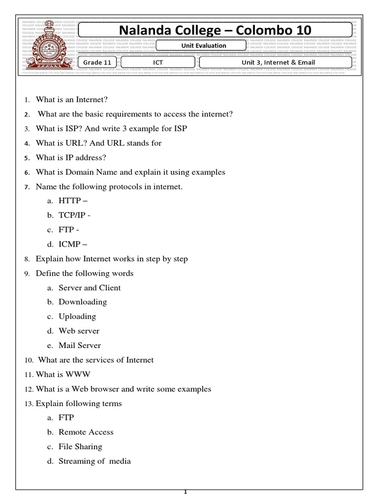 Unit Evaluation Report: Grade 11 ICT Student's Answers on Internet and Email Concepts | PDF ...