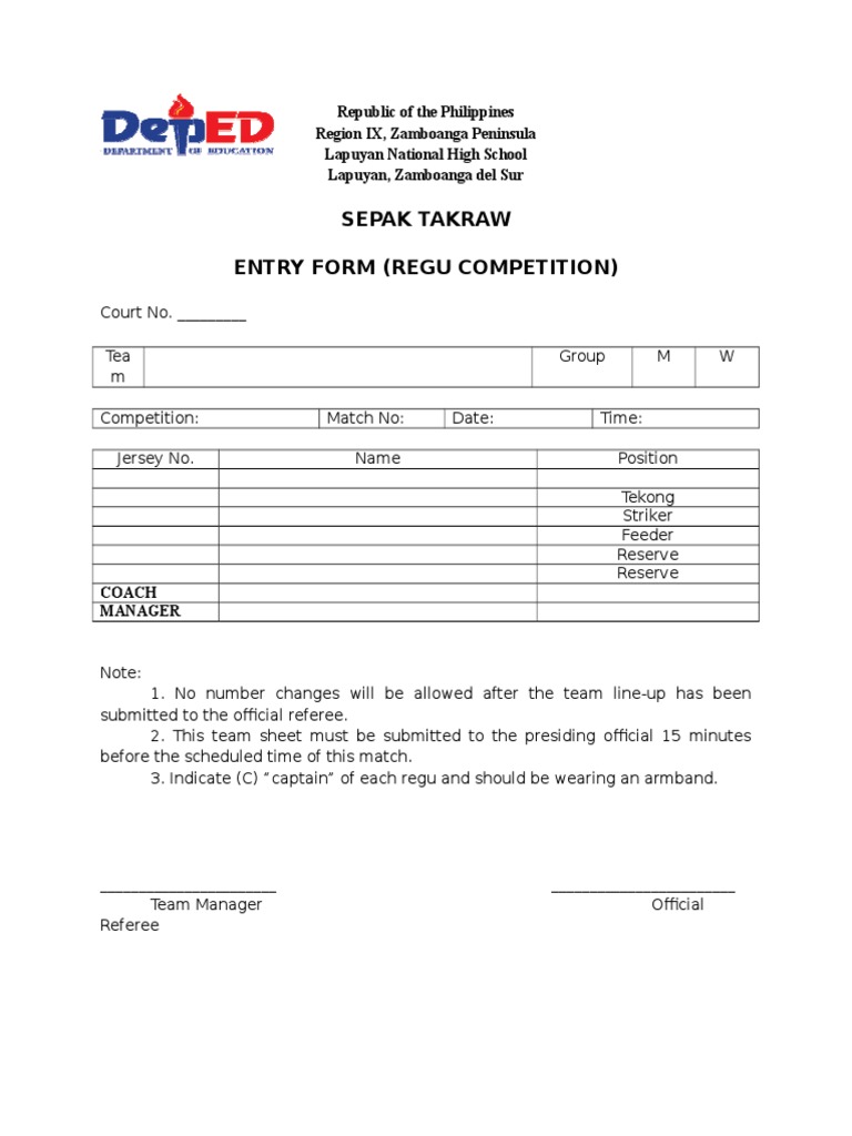 Idoc - Pub - Sepak Takraw Entry Form | PDF