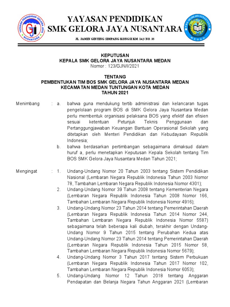 SK Pembentukan Tim BOS 2021 SMK Gelora Jaya | PDF