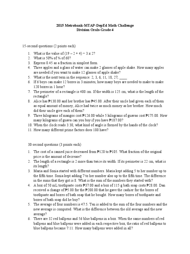 2015 Metrobank-Mtap-Deped Math Challenge Division Orals-Grade 4 | PDF ...