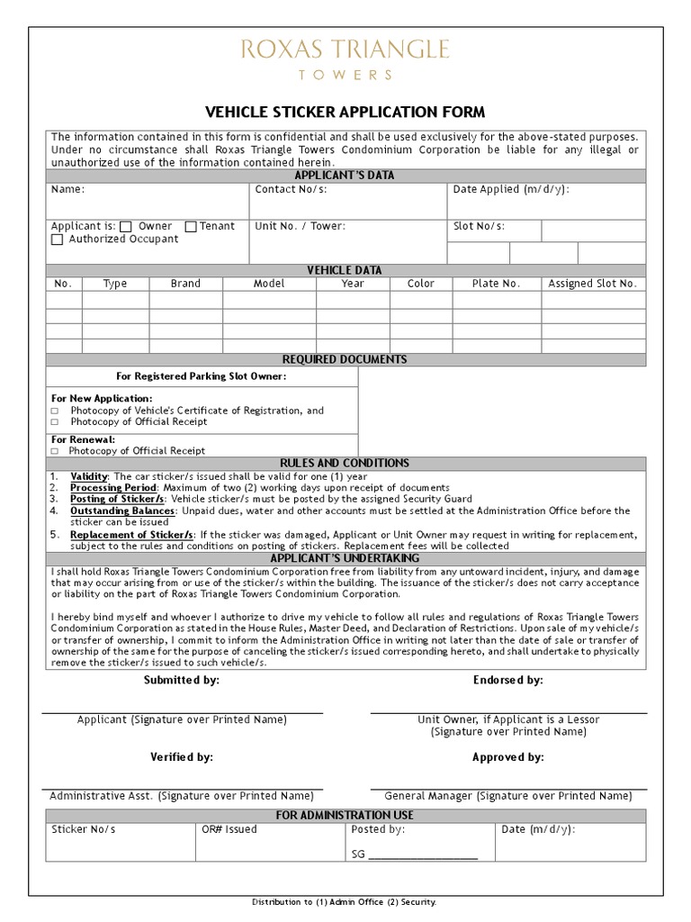 Vehicle Sticker Application Form | PDF | Condominium | Corporations