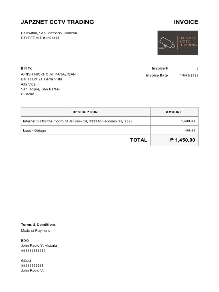 Japznet CCTV Trading Invoice: Bill To Invoice # Invoice Date | PDF ...