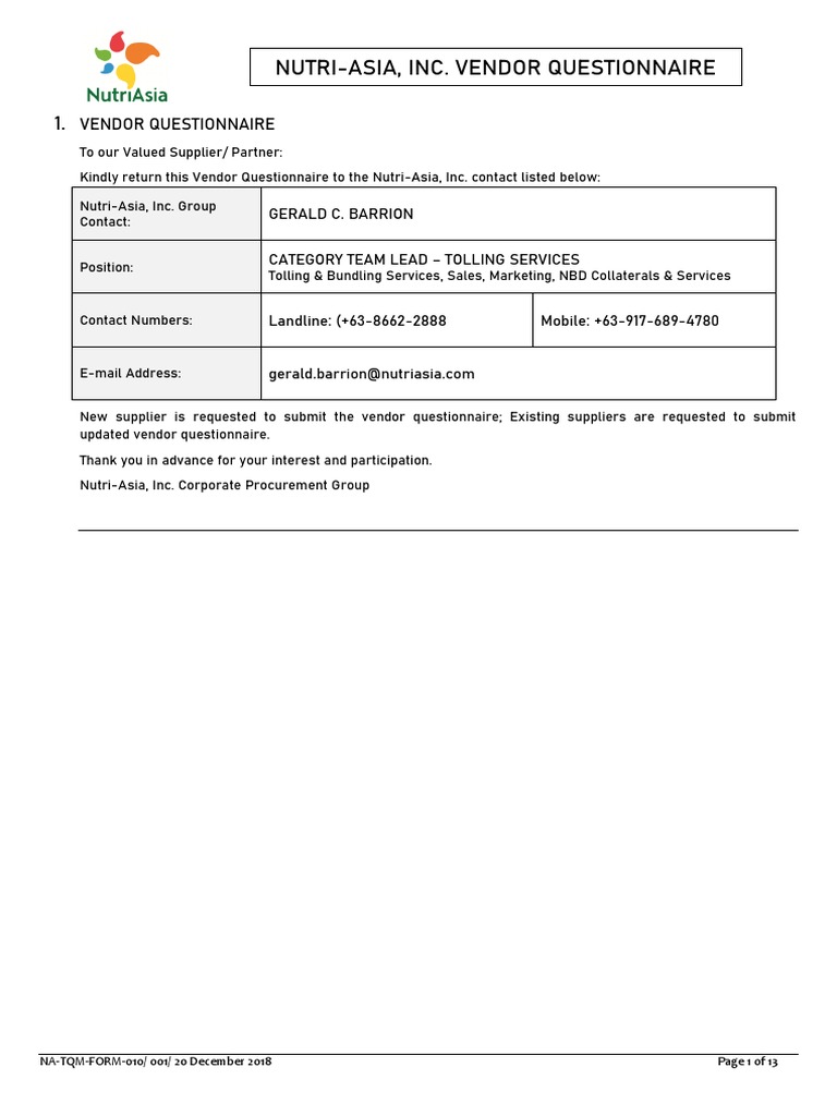 Vendor Questionnaire Template | PDF | Supply Chain | Equity (Finance)