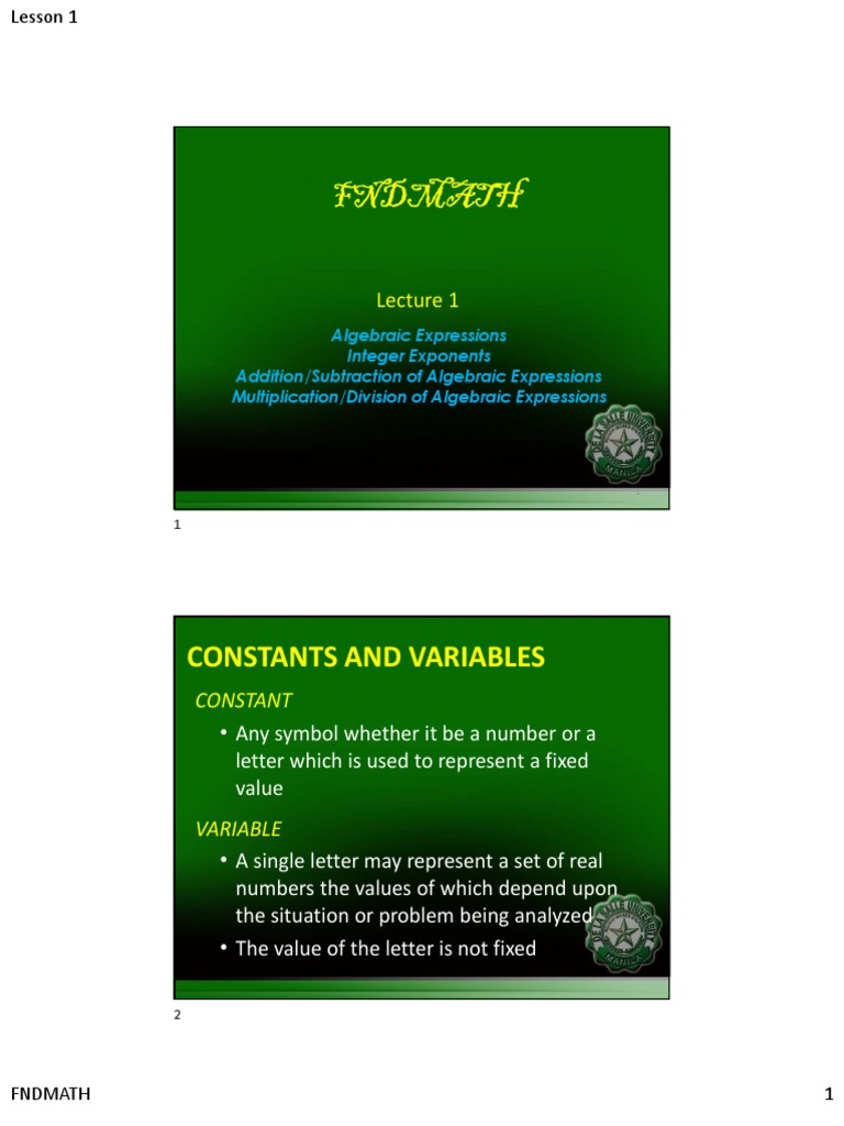 (Self-Study) FNDMATH Module 1 Handout - Basic Algebra | PDF | Division (Mathematics) | Polynomial