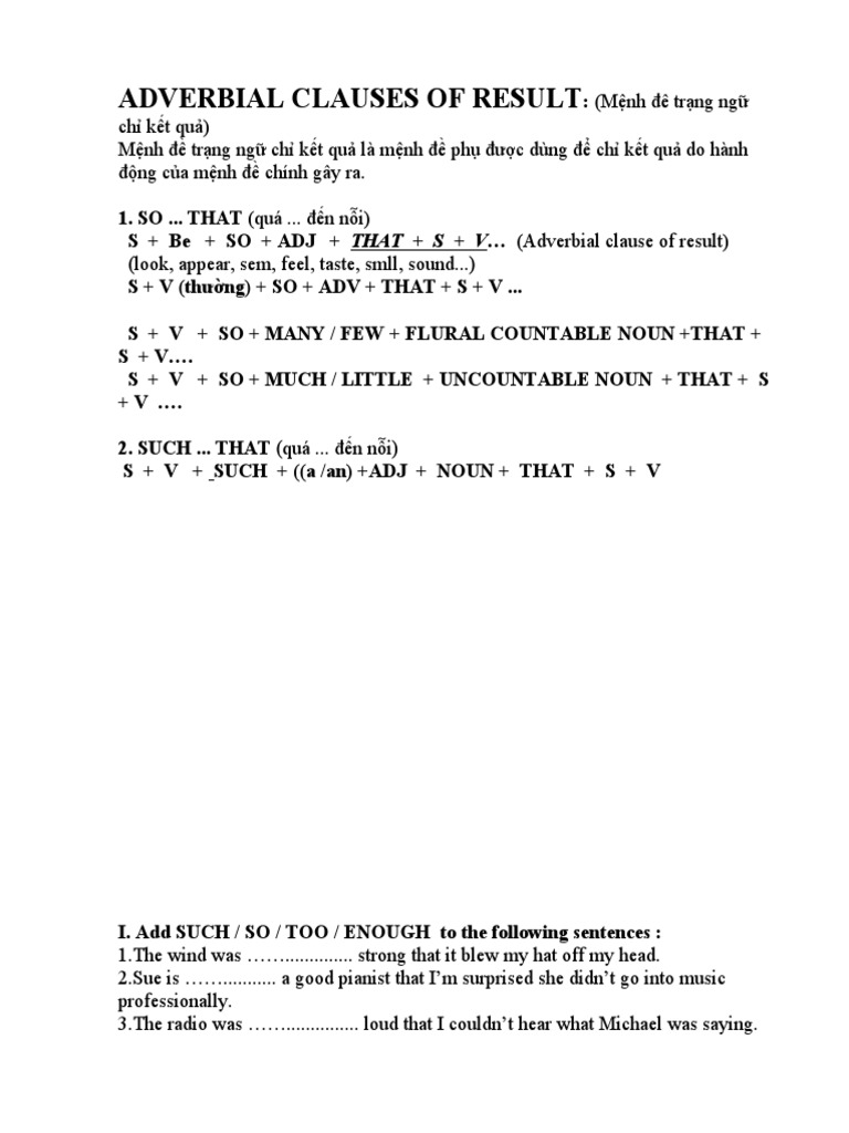 Chuyên đề bồi dưỡng HSG Anh 8 Chuyên đề Adverb clause of result | PDF | Linguistics | Syntax