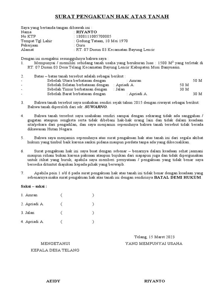 Surat Pengakuan Hak Atas Tanah Riyanto | PDF
