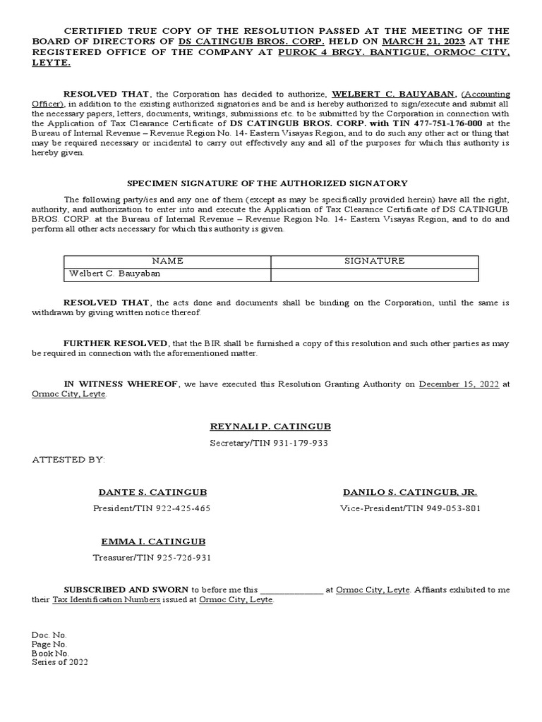 Authorization Resolution for Tax Clearance | PDF | Governance | Public Law