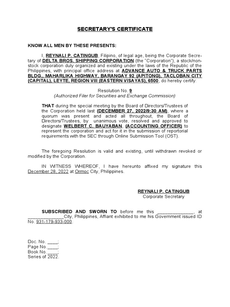 Delta Bros Shipping - Secretarys Certificate | PDF | Justice | Crime & Violence