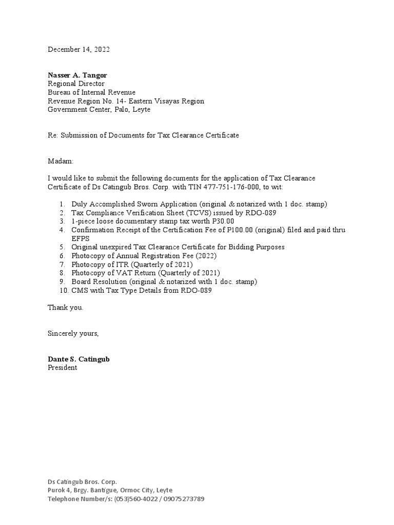 Cover Letter For Tax Clearance | PDF