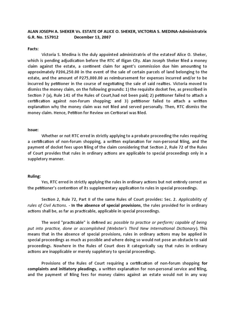 Sheker vs. Estate: Money Claim Ruling | PDF | Lawsuit | Separation Of ...