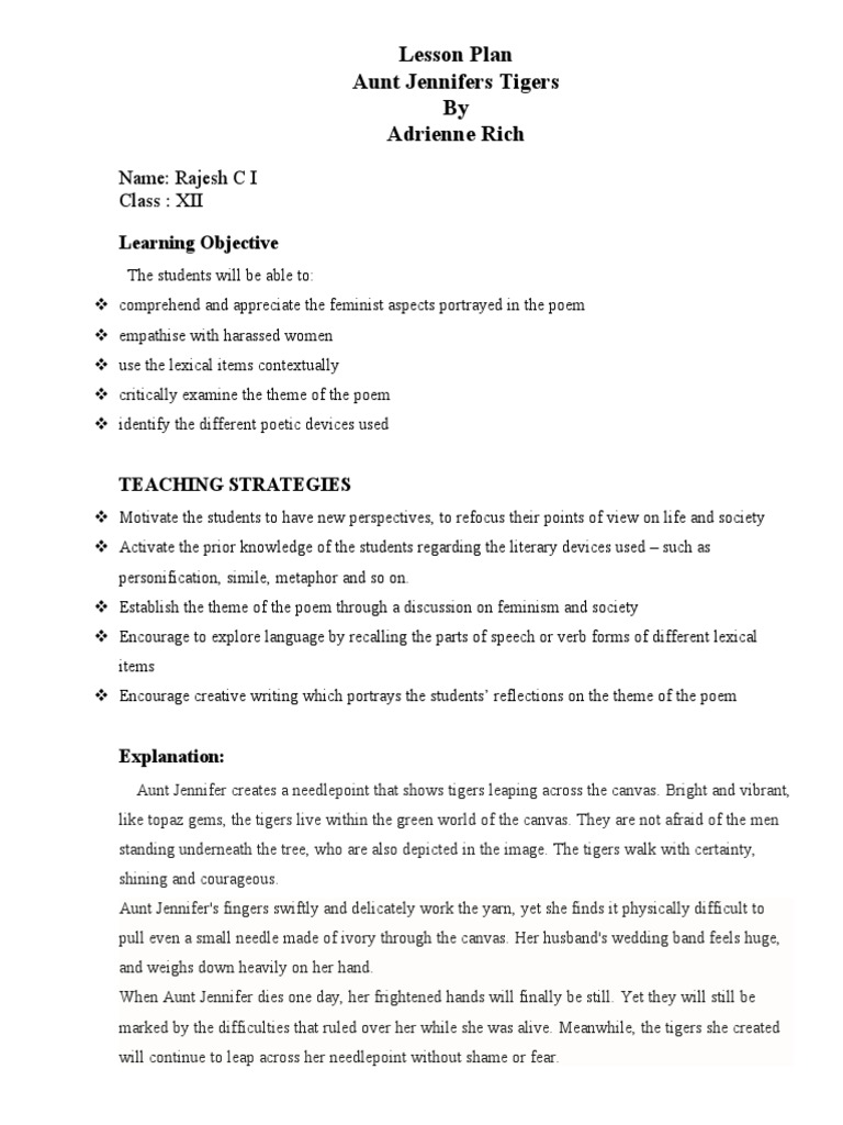 Lesson Plan Aunt Jennifers Tigers by Adrienne Rich: Name: Rajesh C I ...