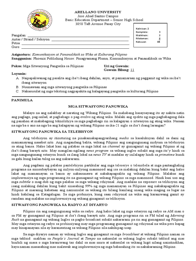 DLP Blg. 11 - Sitwasyong Pangwika Sa Pilipinas (Unang Bahagi) | PDF