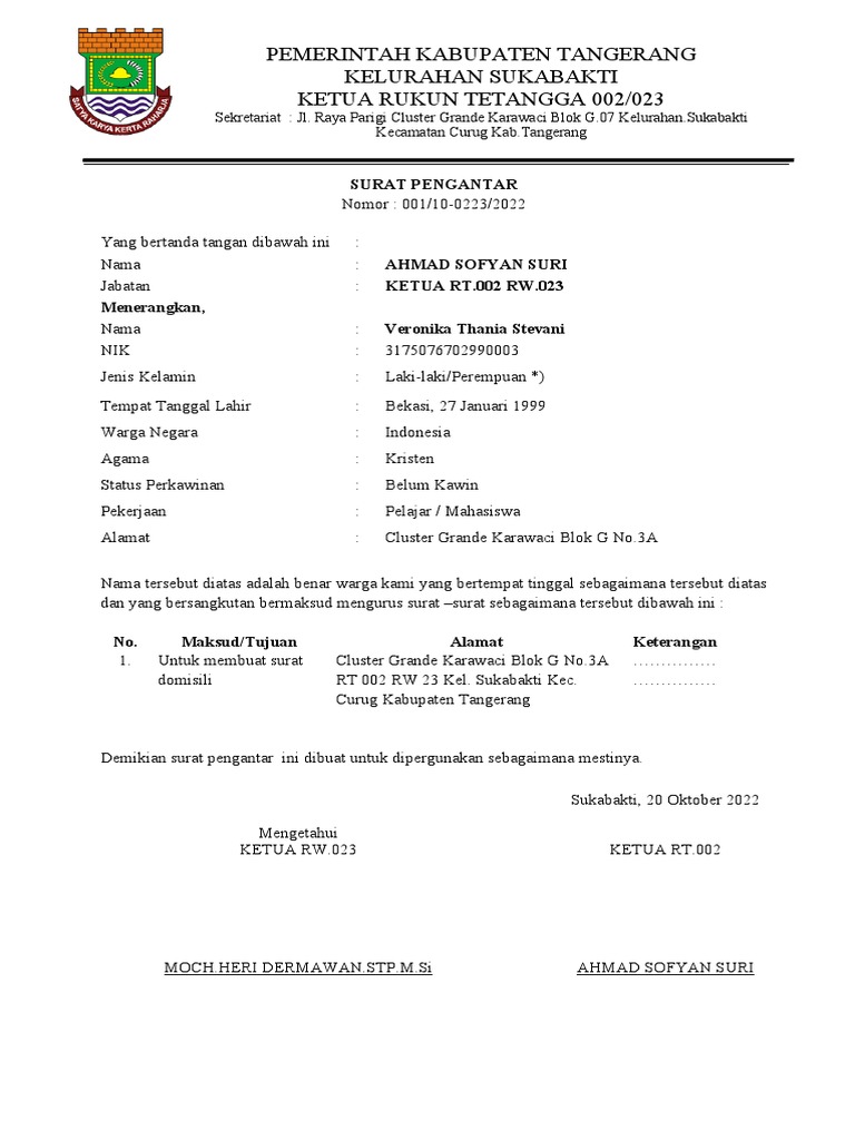 SURAT PENGANTAR RT 02 Veronika Thania S G3A | PDF