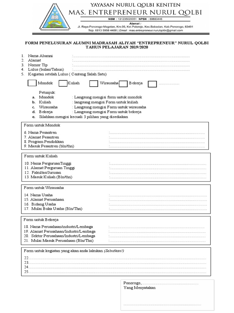 FORM PENELUSURAN ALUMNI MADRASAH ALIYAH | PDF