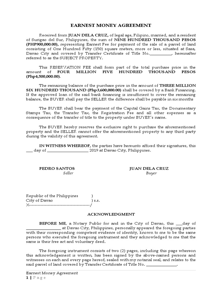 Earnest Money Agreement | PDF | Taxes | Money