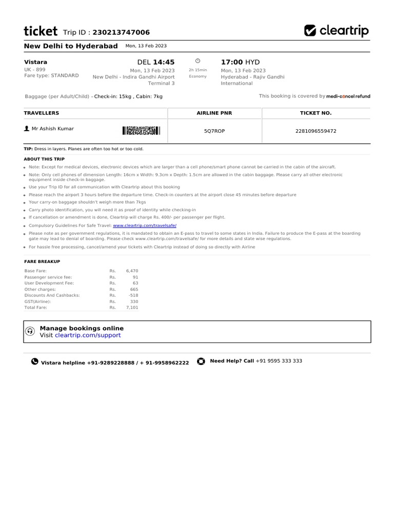 Cleartrip Flight Domestic E-Ticket | PDF | Aviation | Transport