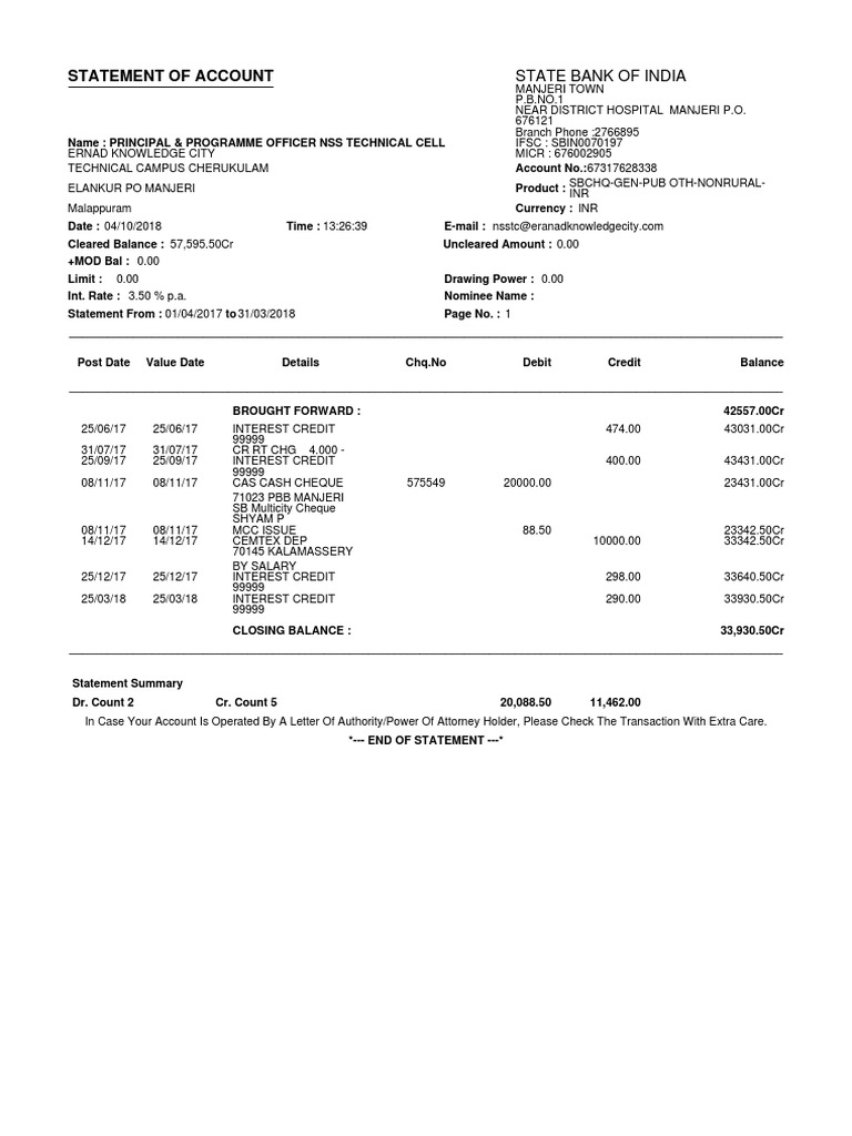 Statement of Account: State Bank of India | Download Free PDF | Cheque ...